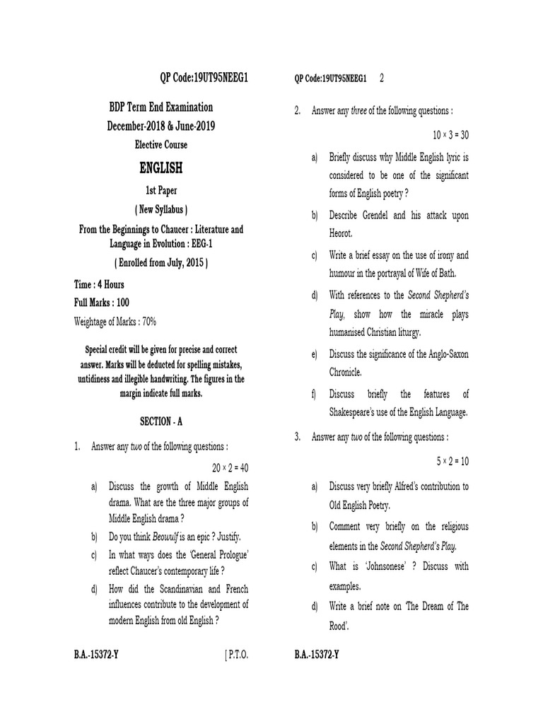 English: QP Code:19UT95NEEG1 BDP Term End Examination December-2018 ...