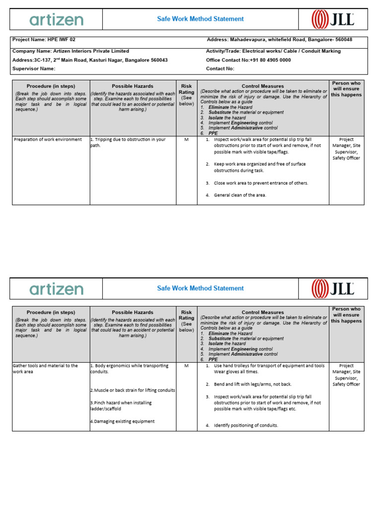 03 SWMS -Fixing of Conduit and Wiring | PDF | Personal Protective ...