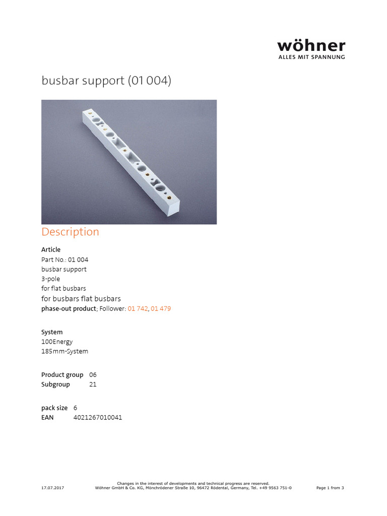 3-Pole Busbar Support 01 004 Specifications | PDF