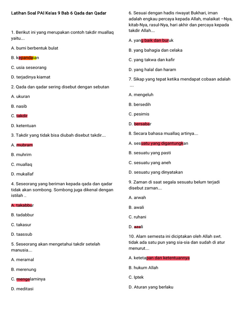 Kelas 9 Latihan Soal Bab 6 PAI Qada Qadr | PDF