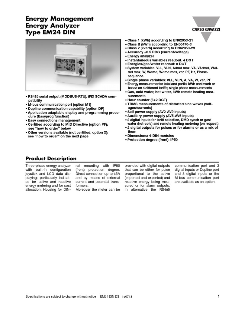 EM24 DIN Energy Analyzer Specs | PDF | Power Supply | Manufactured Goods