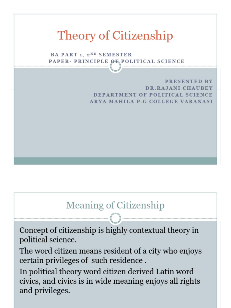 Theory of Citizenship: Ba Part 1, 2 Semester Paper-Principle of ...