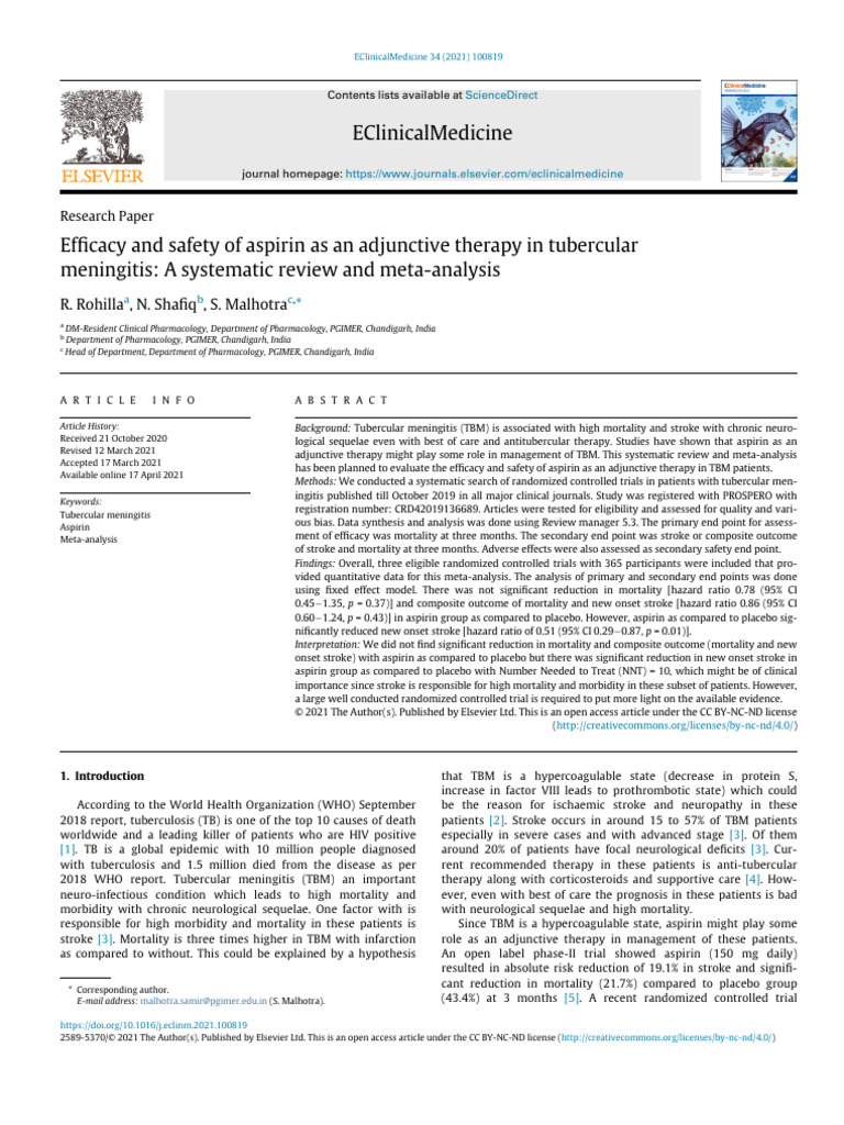 Efficacy and Safety of Aspirin As An Adjunctive Therapy in Tubercular ...