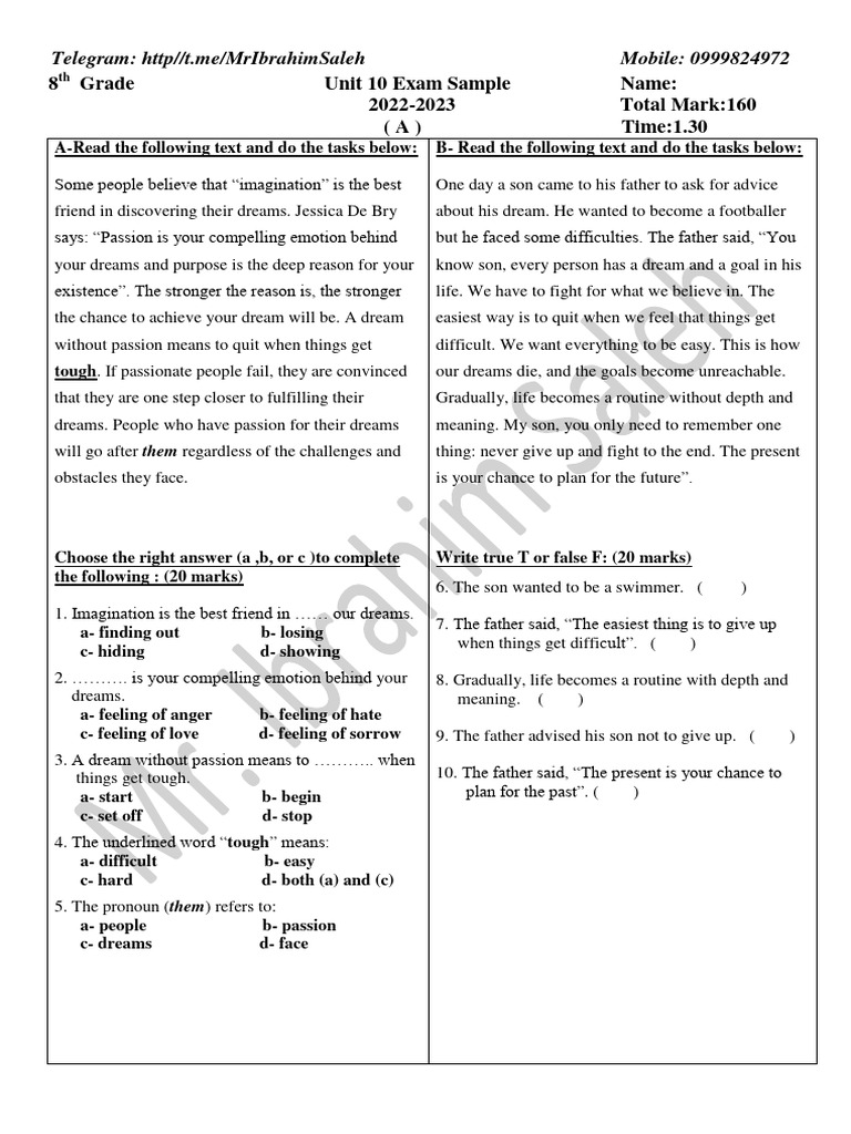 8th Grade - Unit 10 Exam Sample | PDF | Psychology