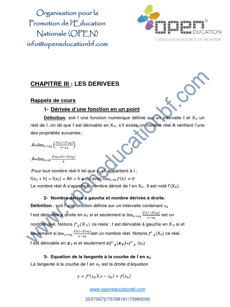 Dérivées et propriétés des fonctions | PDF | Tangente (géométrie ...