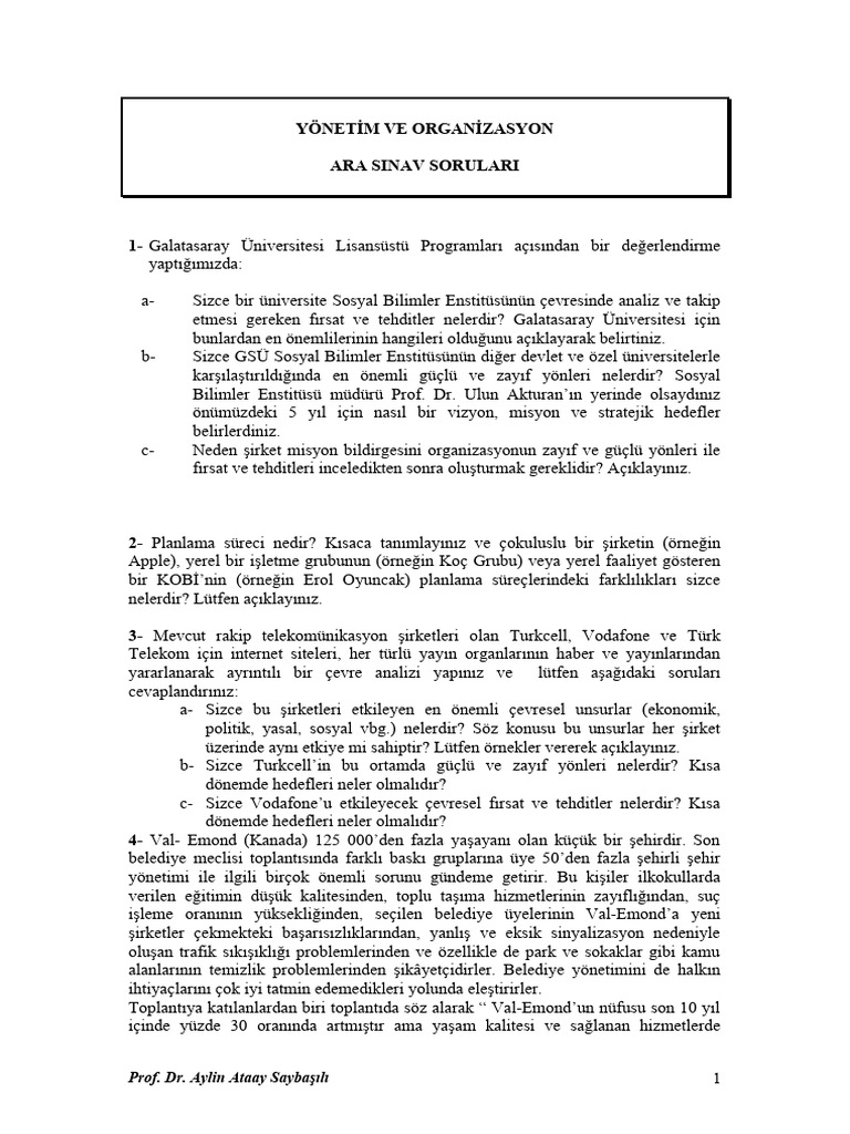 2023 bahar- Yönetim ve Organizasyon Vize Soruları | PDF