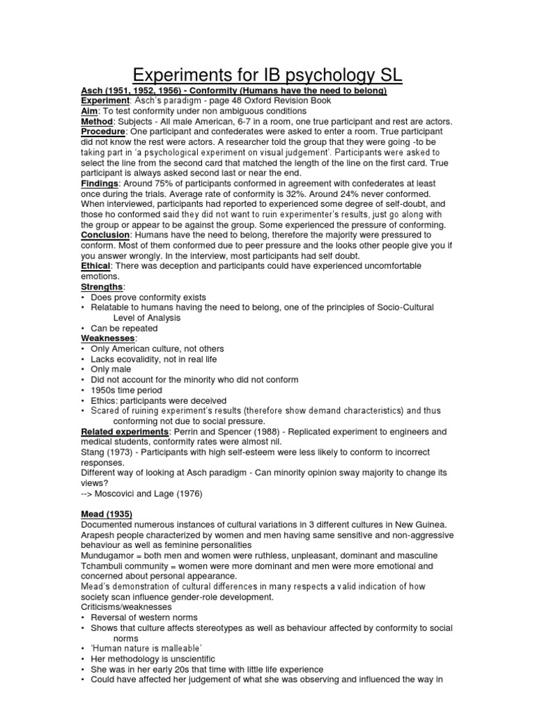Experiments For IB Psychology SL | PDF | Recall (Memory) | Conformity