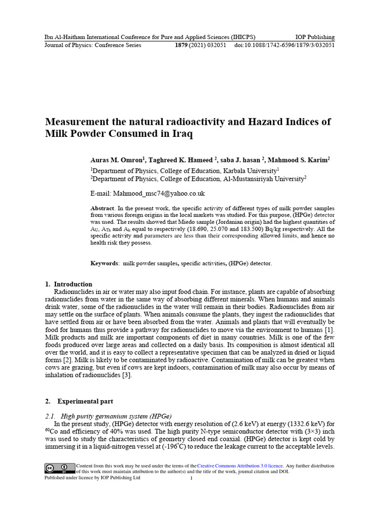 Radioactivity in Iraqi Milk Powder Samples | PDF | Ionizing Radiation ...