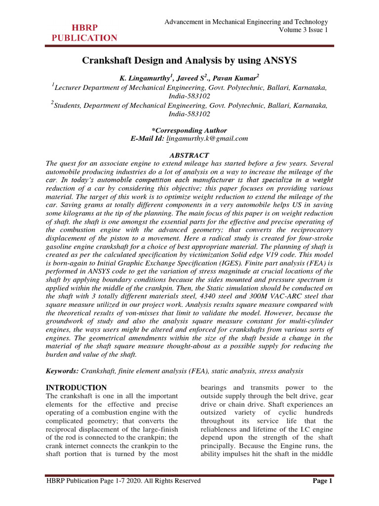 Crankshaft Design And Analysis Pdf Stress Mechanics Bending