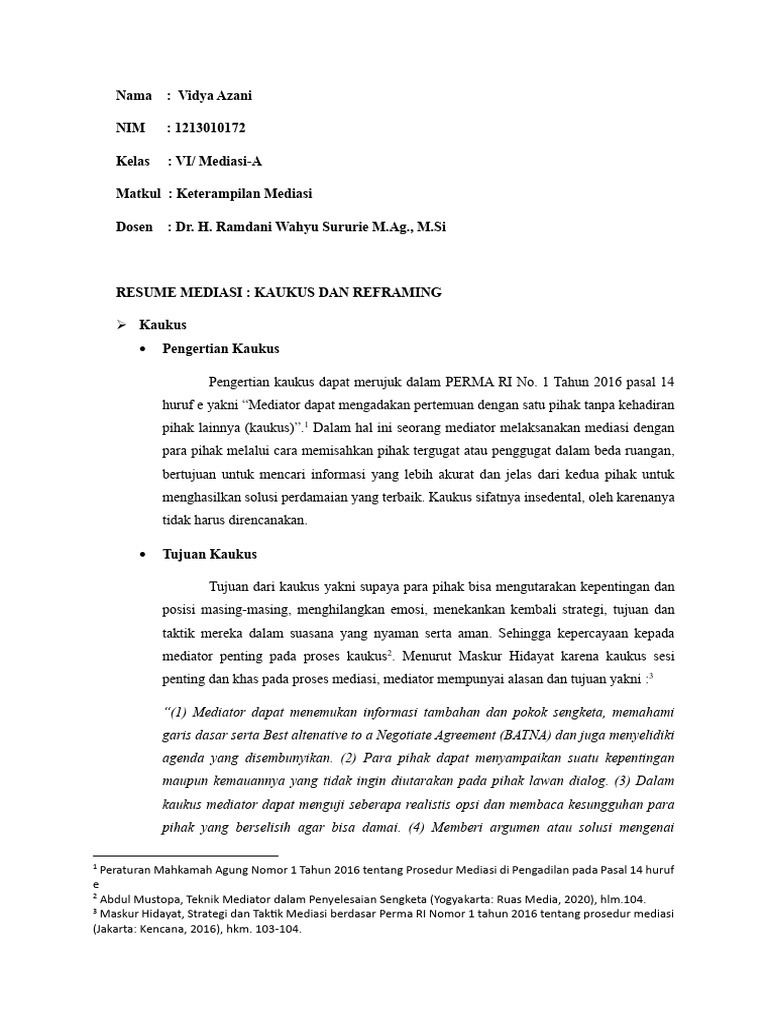 Resume Mediasi - Kaukus Dan Reframing | PDF