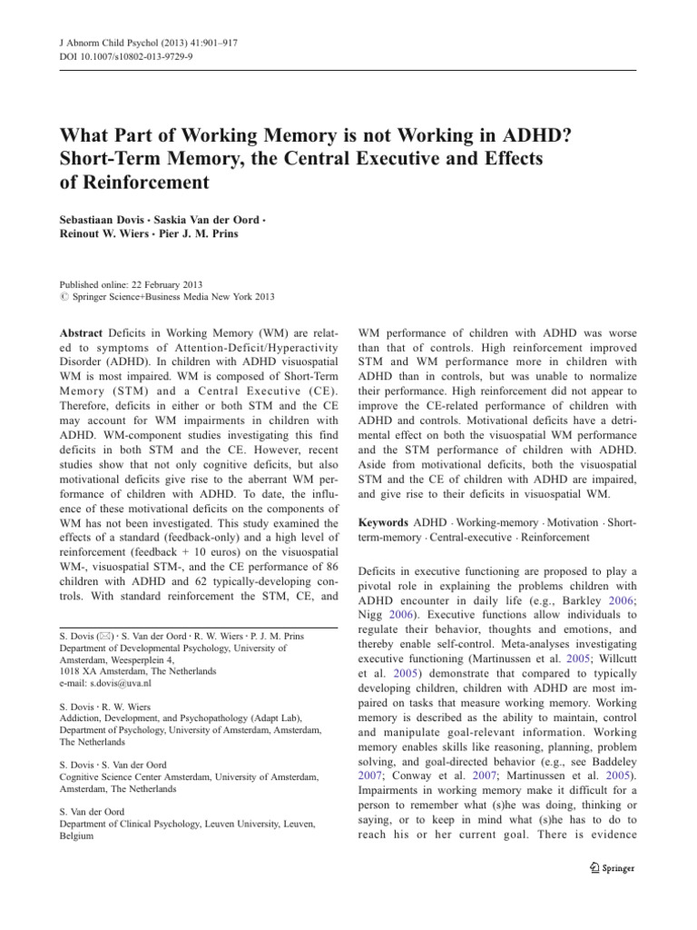 ADHD and Working Memory Deficits | PDF | Working Memory | Wechsler ...