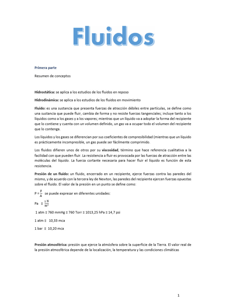 Resumen de Conceptos Fluidos Primera Parte Imprimir | PDF | Presión | Líquidos