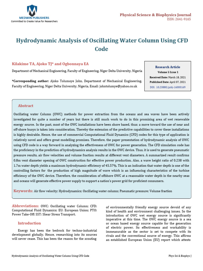 OWC Hydrodynamic Analysis with CFD | PDF | Computational Fluid Dynamics | Fluid Dynamics