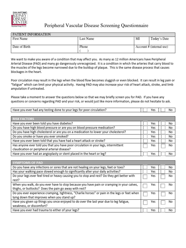 Peripheral Vascular Disease Screening Questionnaire: Risk Factors | PDF ...