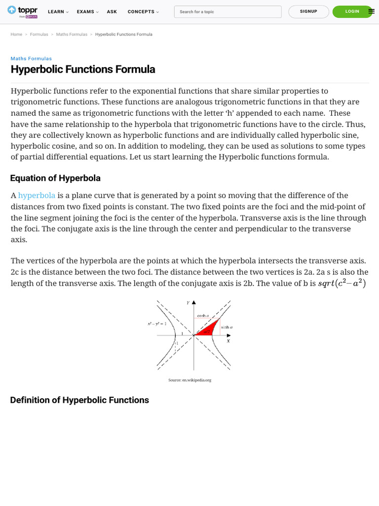 HyperbolicFunctionsFormulaEquationofHyperbola, Functions, Example ...