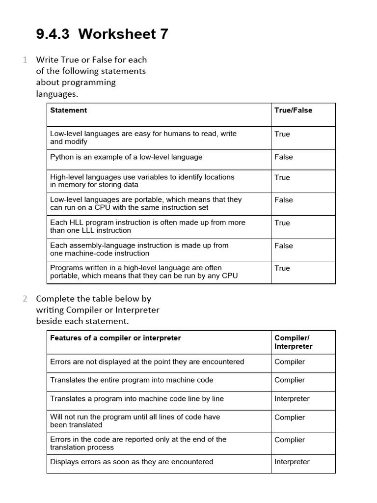 Programming Languages Worksheet | PDF | Foreign Language Studies ...