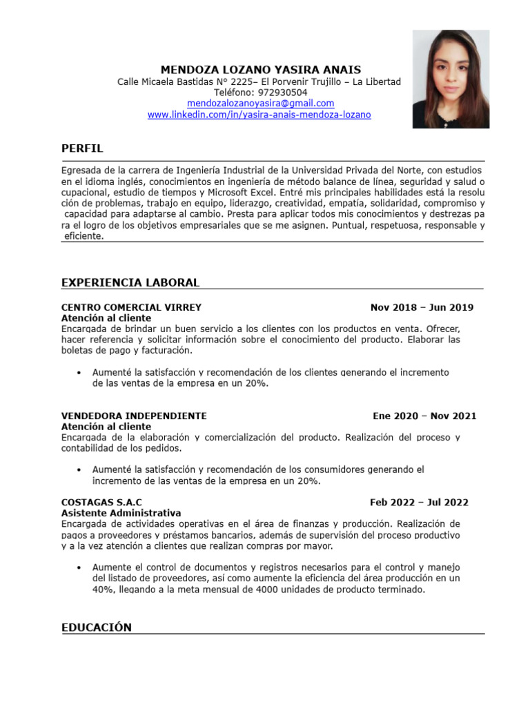 CV - Yasira Mendoza Lozano | PDF | Microsoft | Business