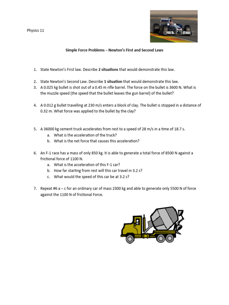Newtons 1st and 2nd Law Problems WS | PDF
