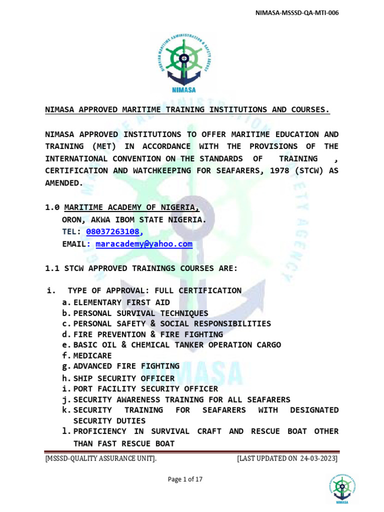 NIMASA Approved Maritime Training Courses | PDF | Sailor | Ships