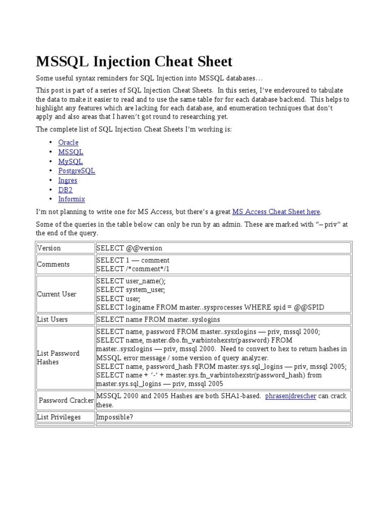 Sql Injection Cheat Sheet Pdf Microsoft Sql Server Microsoft Access