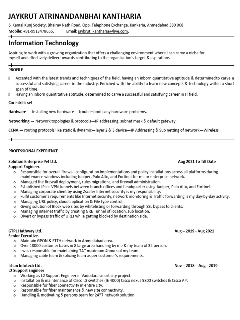 Resume Jaykrut Kantharia Pdf Computer Network Internet