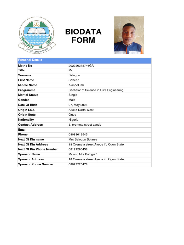 BiodataForm Balogun Saheed | PDF