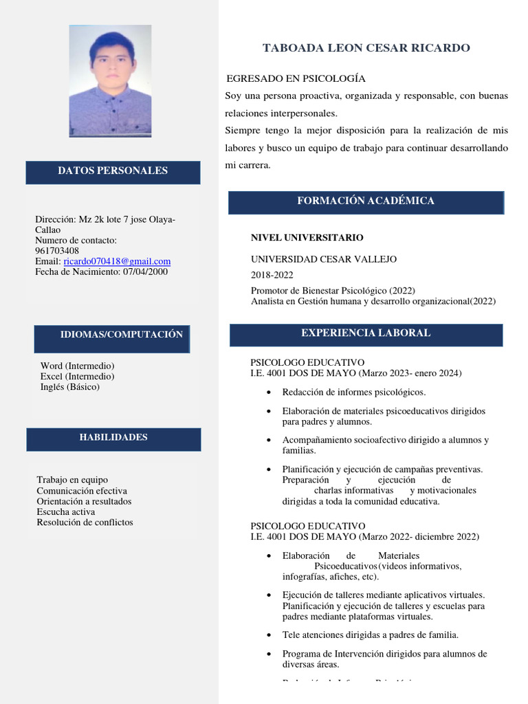 Psicólogo Educativo con Experiencia Laboral | PDF | Sicología ...