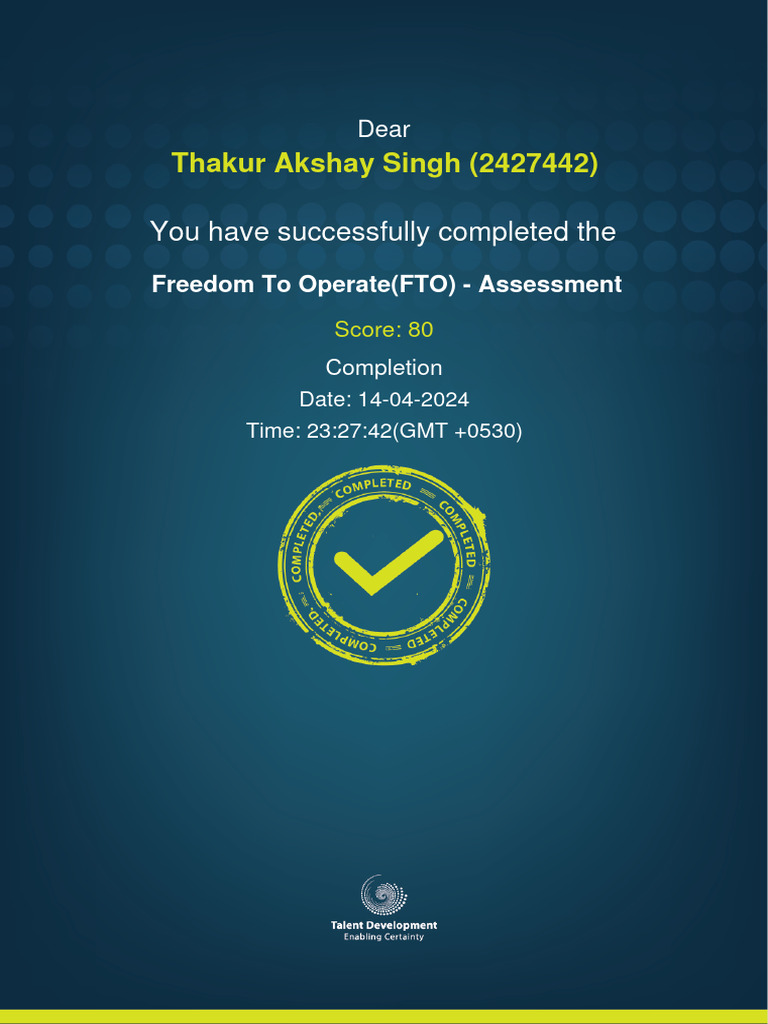 Freedom To Operate (FTO) - Assessment - 23 - 27 - 42 (GMT +0530) | PDF
