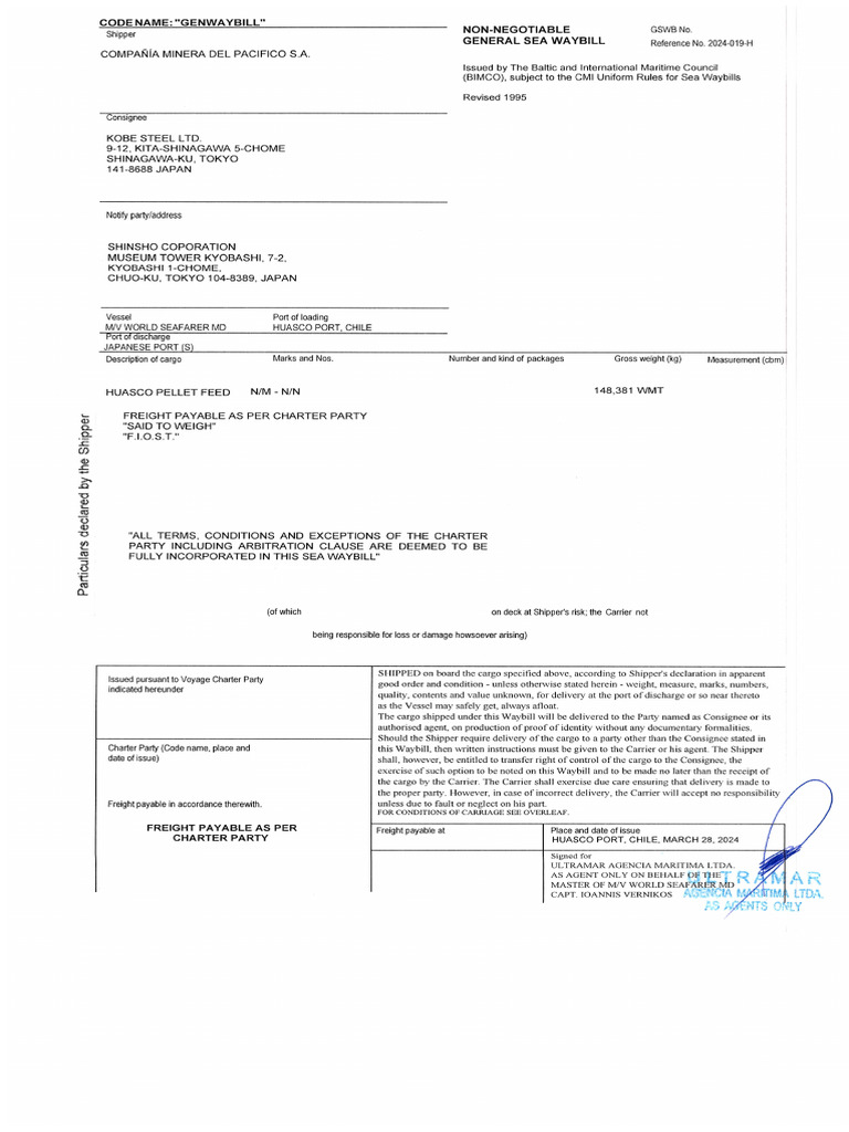 Sea Waybill + Mate Receceipt MV World Seafarer MD | PDF