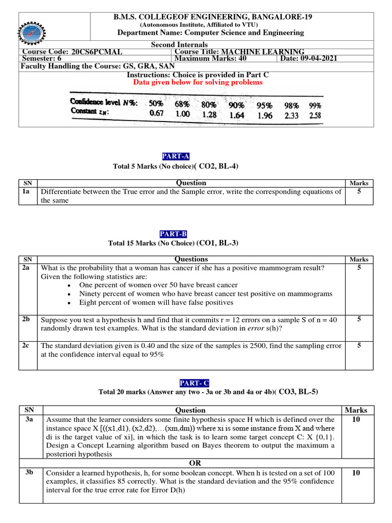 ML Test2 Set 1 QP | PDF | Statistics | Standard Deviation