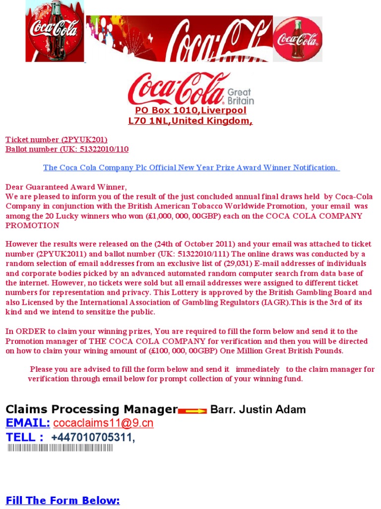 Coca Cola Company PLC United Kingdom | PDF | Lottery | Email