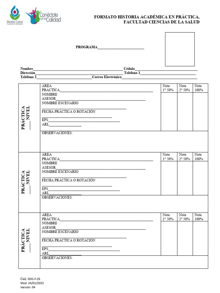 DOC-F-25 Formato Historia Academica en Practica Fac. Salud | PDF