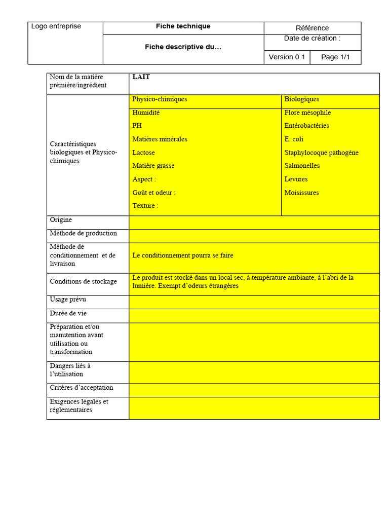 Fiche technique du lait | PDF