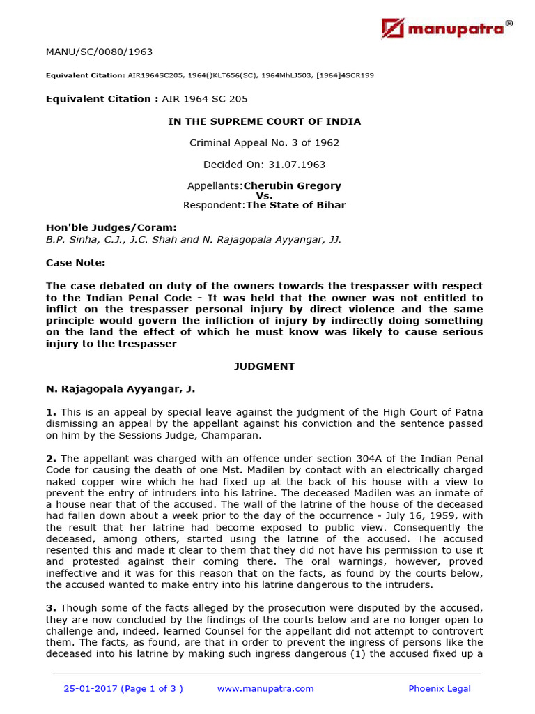 Cherubin Gregory v. State of Bihar (AIR 1964 SC 205) | PDF | Tort | Crimes
