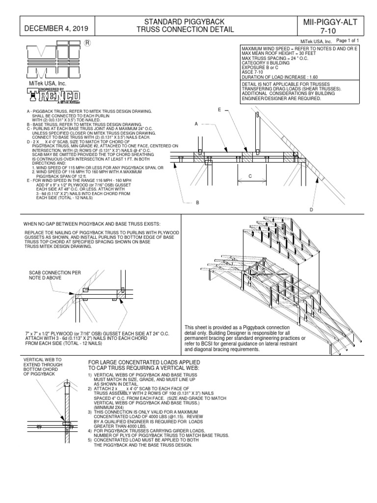 Standard Piggyback Truss Connection Detail | PDF | Truss | Structural ...