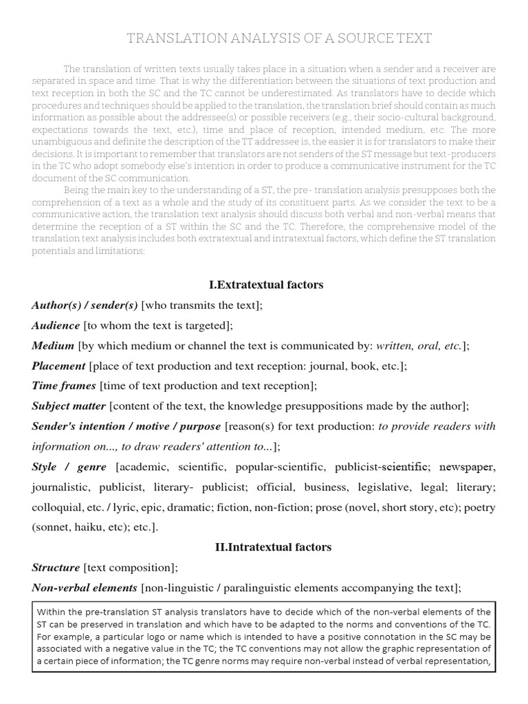 TRANSLATION ANALYSIS OF A SOURCE TEXT - Scheme+Sample | PDF | Translations | Grammar