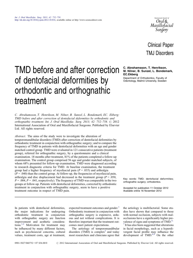 TMD Before and After Correction of Dentofacial Deformities by ...