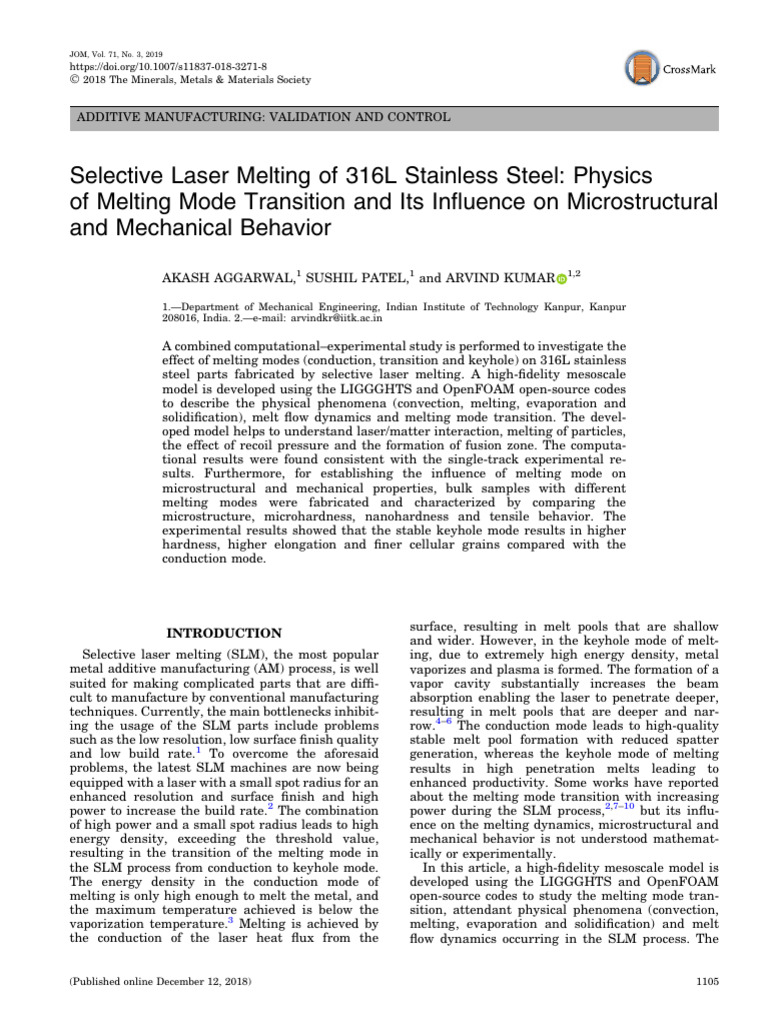 Selective Laser Melting Of 316l Stainless Steel Physics Of Melting Mode Transition And Its
