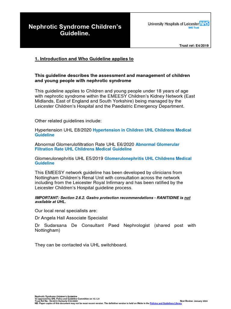Nephrotic Syndrome UHL Childrens Medical Guideline | PDF | Nephrology ...