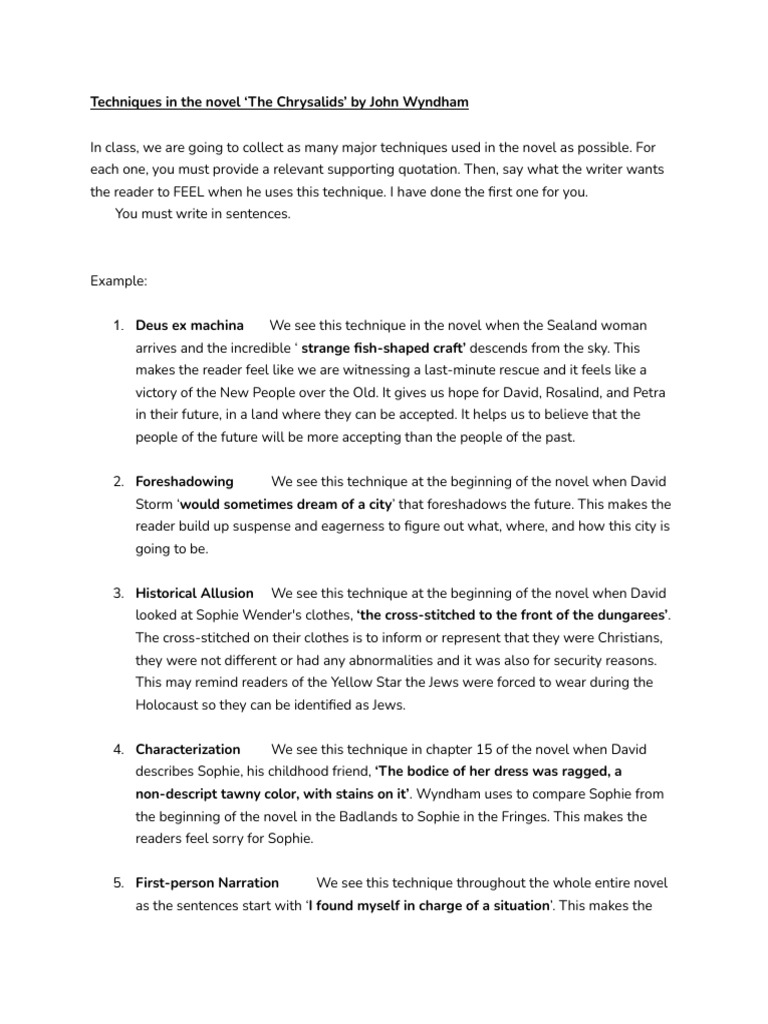 Techniques in The Novel The Chrysalids' by John Wyndham Worksheet ...
