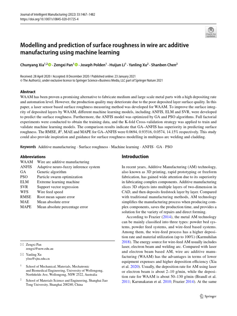 Modelling and Prediction of Surface Roughness in Wire Arc Additive Manufacturing Using Machine ...
