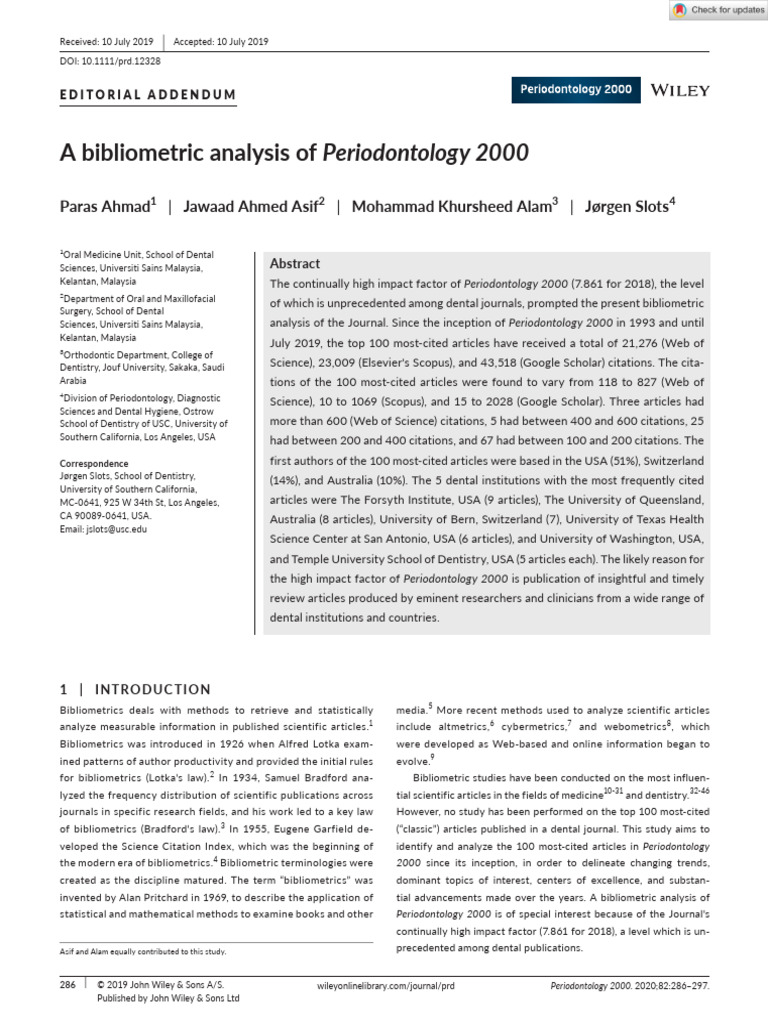 Periodontology 2000 - 2019 - Ahmad - A Bibliometric Analysis of ...