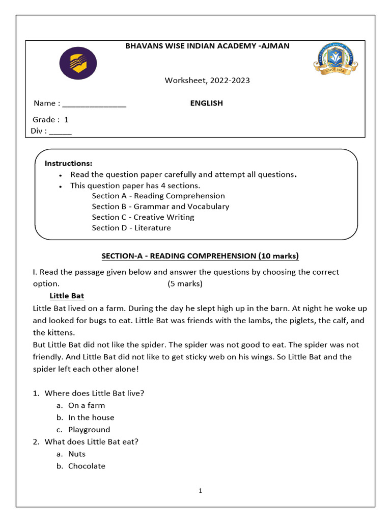 Grade 1-Sample Paper 1 | PDF