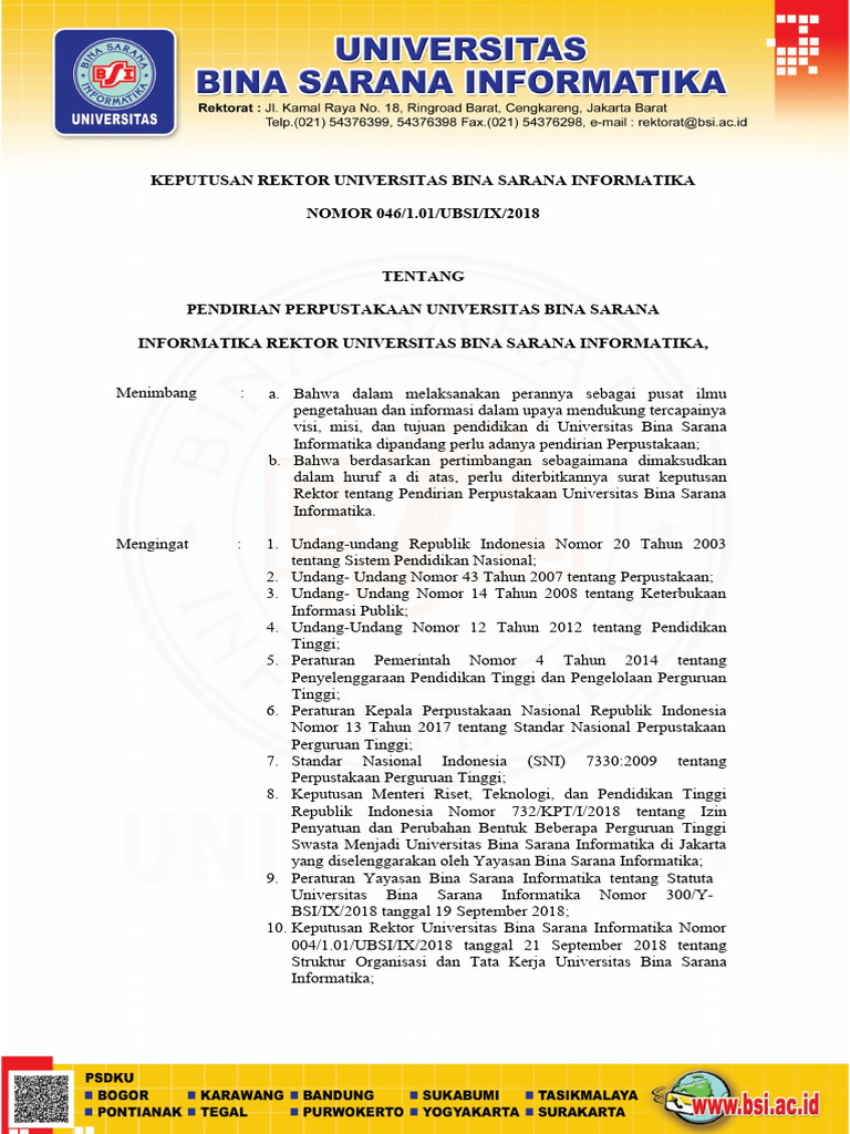 Surat Keputusan Rektor Tentang Pendirian Perpustakaan Universitas Bina ...