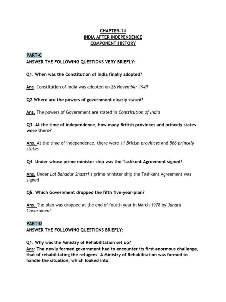 Question-Answers-Chapter 14 (HISTORY) | PDF | Jawaharlal Nehru | Government