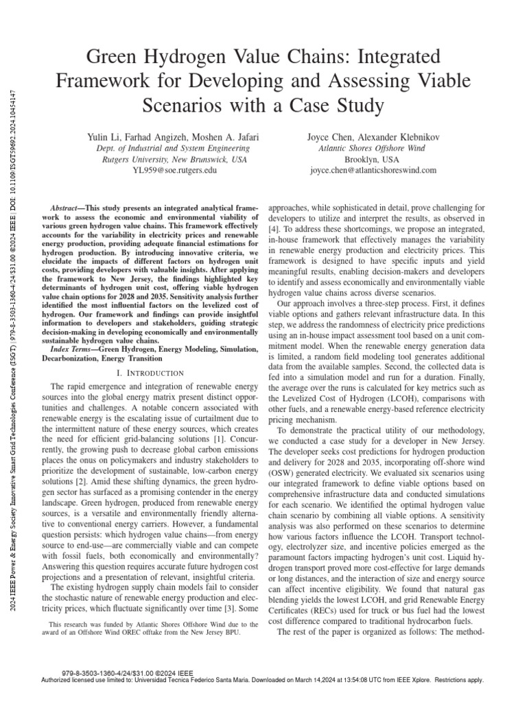 Green Hydrogen Value Chains Integrated Framework For Developing and Assessing Viable Scenarios ...