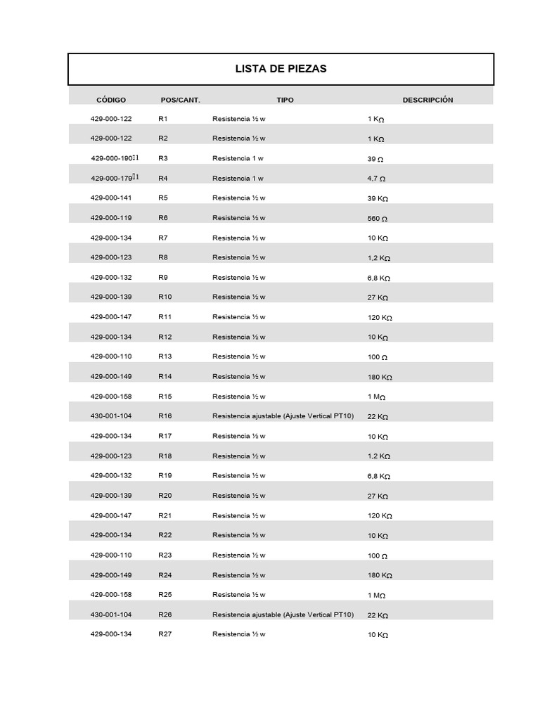 Lista de Piezas Lista de Piezas: Código Pos/Cant. Tipo Descripción | PDF