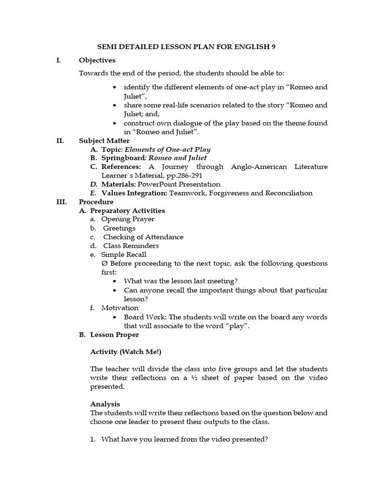 Romeo and Juliet Lesson Plan for Grade 9 | PDF | Romeo And Juliet ...