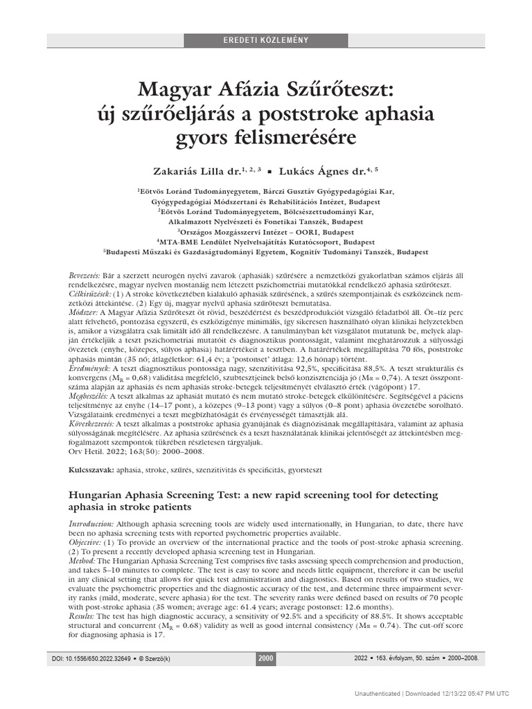 Magyar Afázia Szűrőteszt - Cikk | PDF