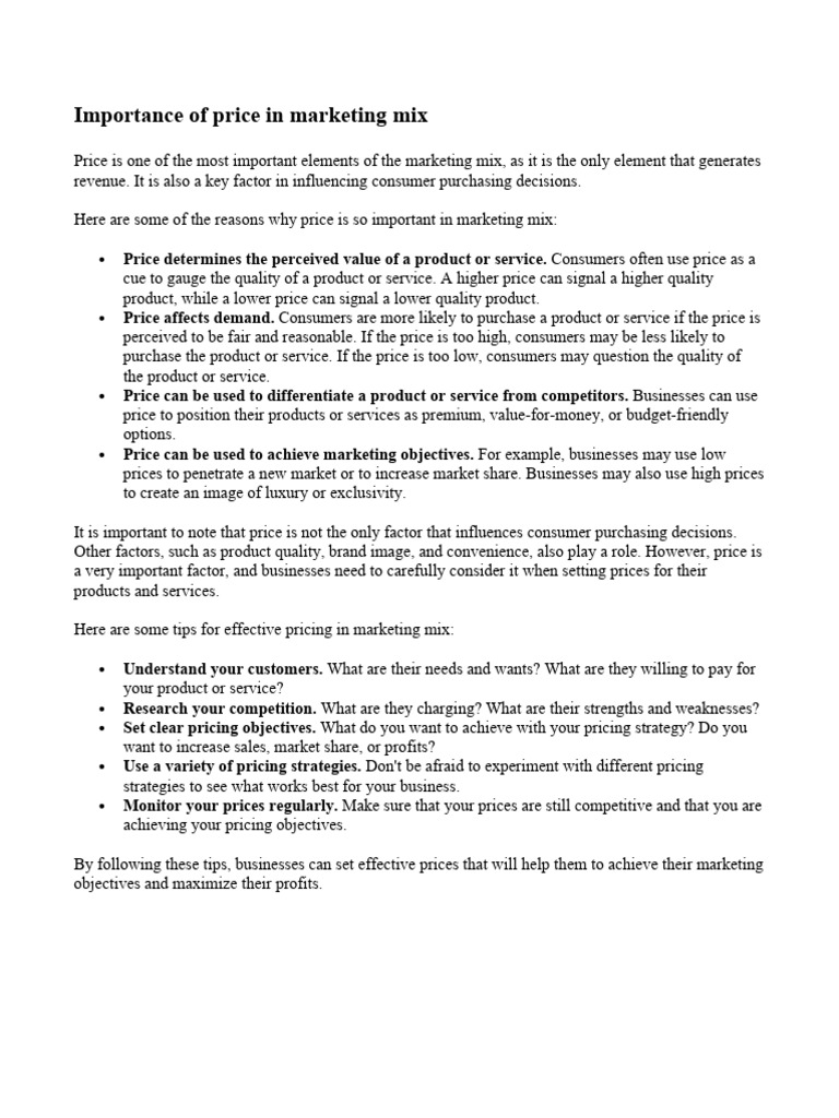 Importance of Price in Marketing Mix | PDF | Pricing | Marketing